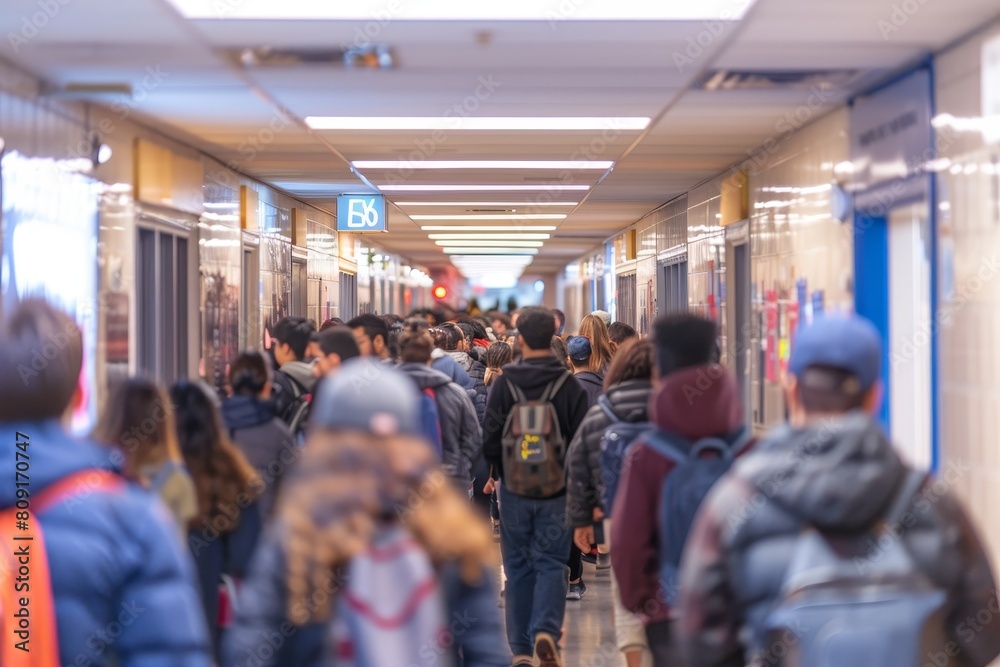 Diverse group of individuals walking together down a busy hallway, A bustling hallway filled ...