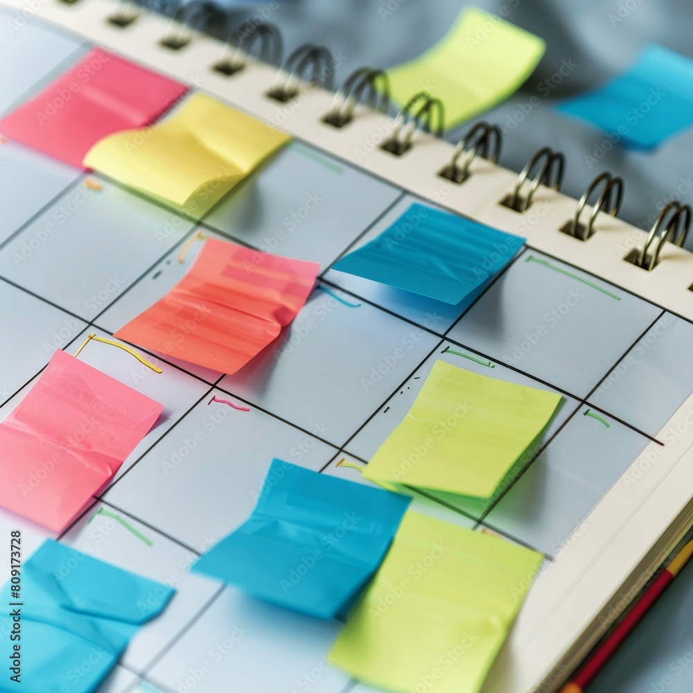 A calendar covered in colorful sticky notes marking important dates and ...