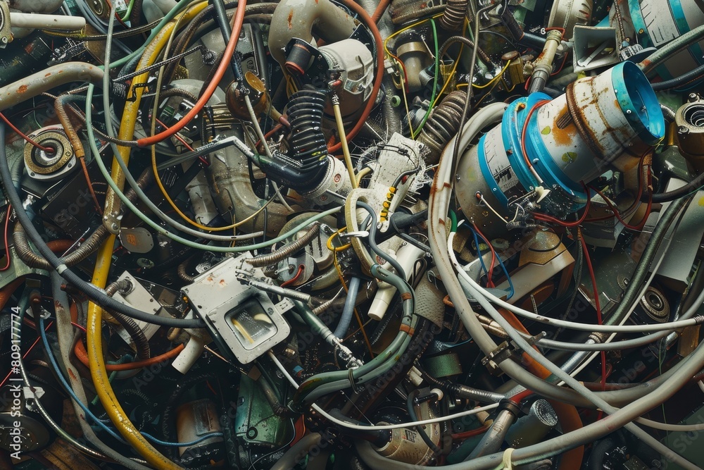 Foto de A cluster of tangled electrical wires and cables forming a ...