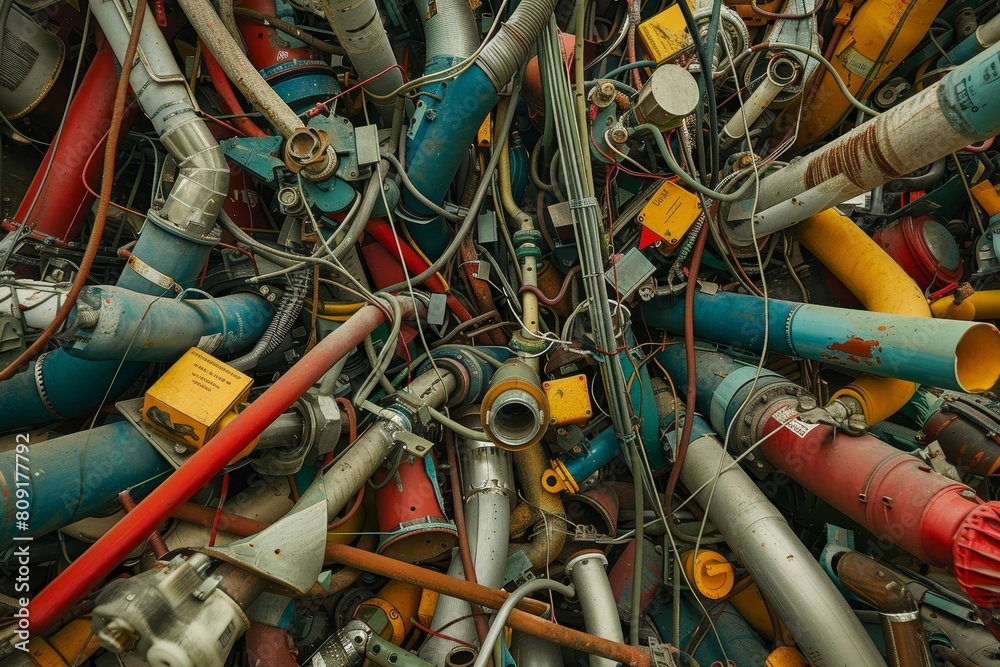 A tangled mess of wires, tubes, and pistons in a chaotic jumble of ...