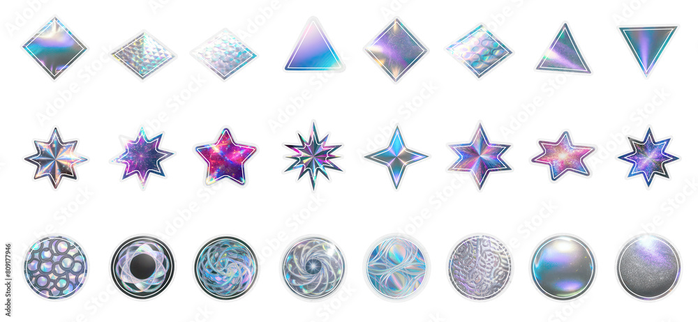 Set of various holographic blank stickers in various shapes and angles ...