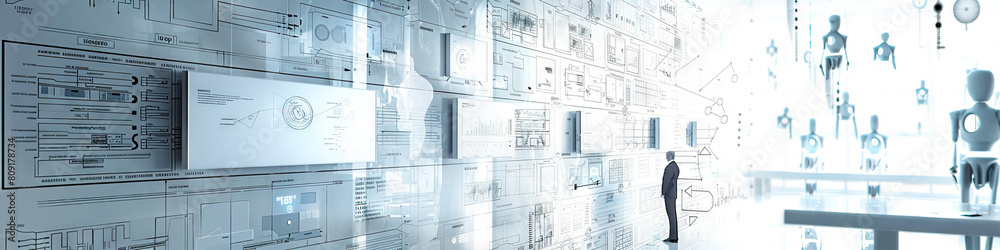 Robotics Engineer's Wall: Covered in robot schematics, circuit diagrams ...