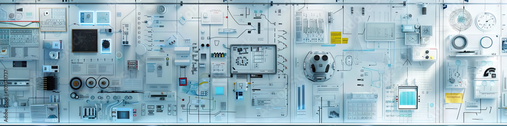 Robotics Engineer's Wall: Covered in robot schematics, circuit diagrams ...