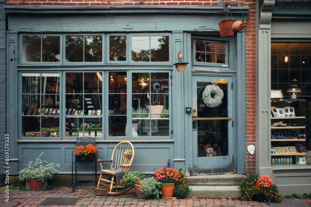 A rocking chair sits outside a charming store front in a historic ...