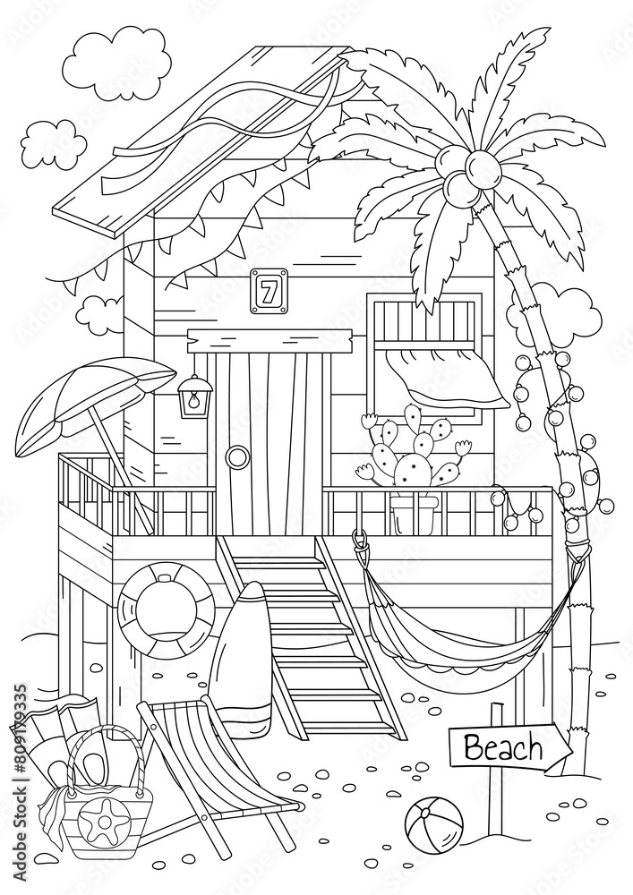 Beach House Coloring Page. Is A Coloring Book For Adults And Children ...