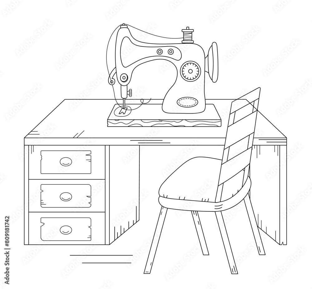 Coloring Page, Sewing Machine, Book On Table, Adult And Children'S ...