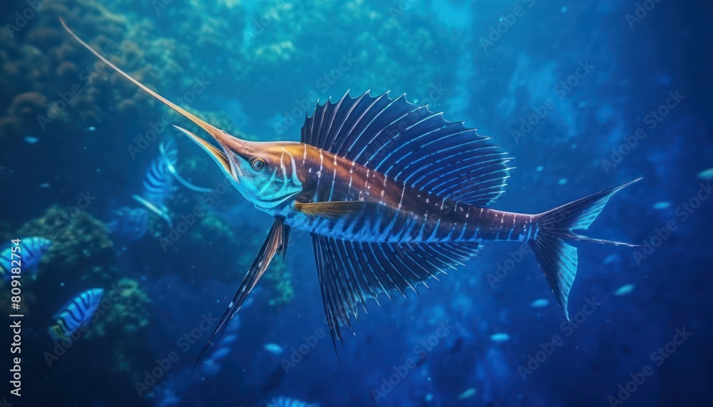 Ikan marlin besar di lautan biru, pemandangan hewan lautan yang memukau ...