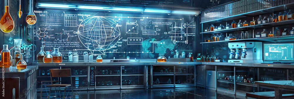 Chemist's Lab Wall: Covered in periodic tables, chemical structure ...