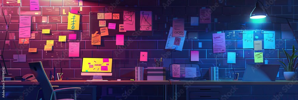 Startup Office Wall: Covered in post-it notes with ideas, a timeline of ...