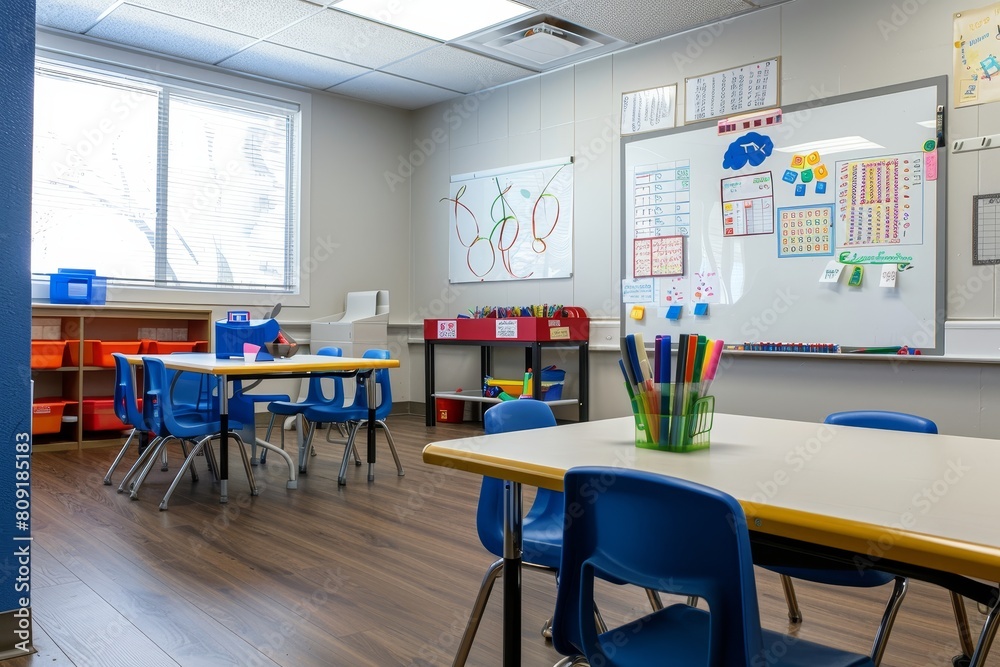 A classroom filled with numerous desks and chairs, creating a ...