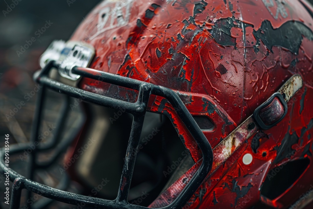 Detailed shot of a red football helmet with scratches and marks on the ...