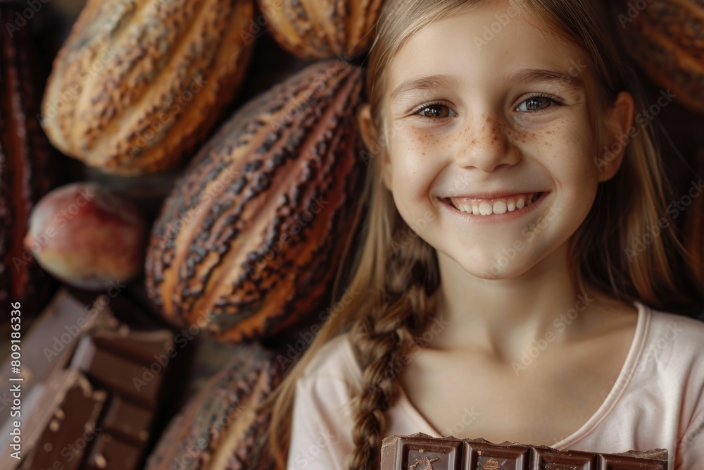 a 10-year-old girl child, girl with a chocolate bar in her hand.cocoa ...