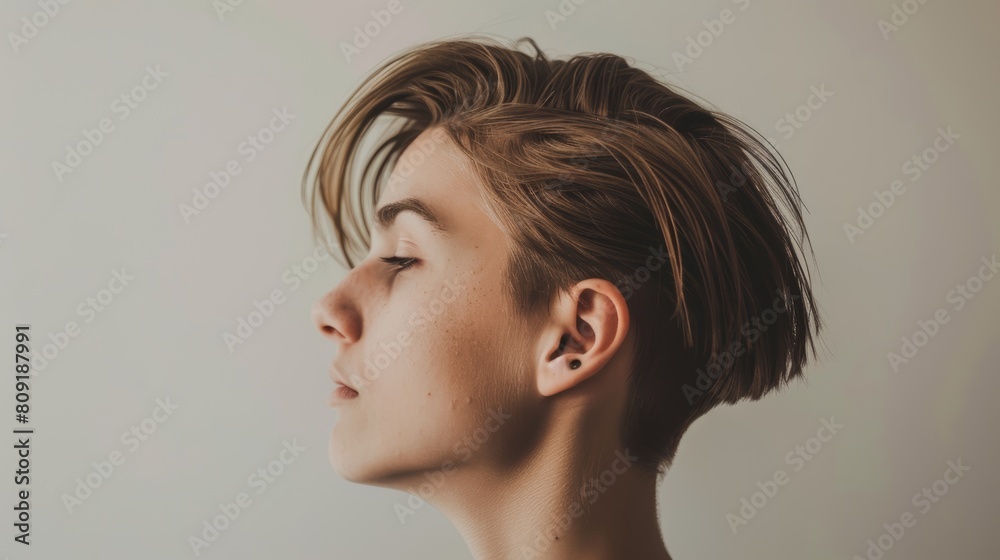ide profile of a young woman with a stylish short haircut on a light ...
