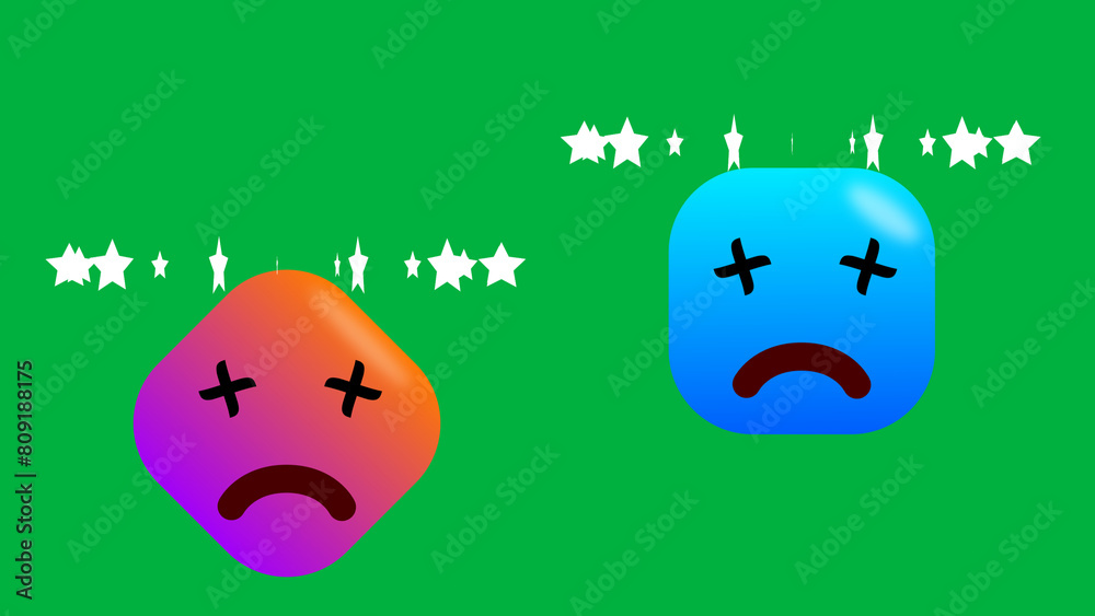 pink and blue dizzy facial expression emoji on green screen in two ...