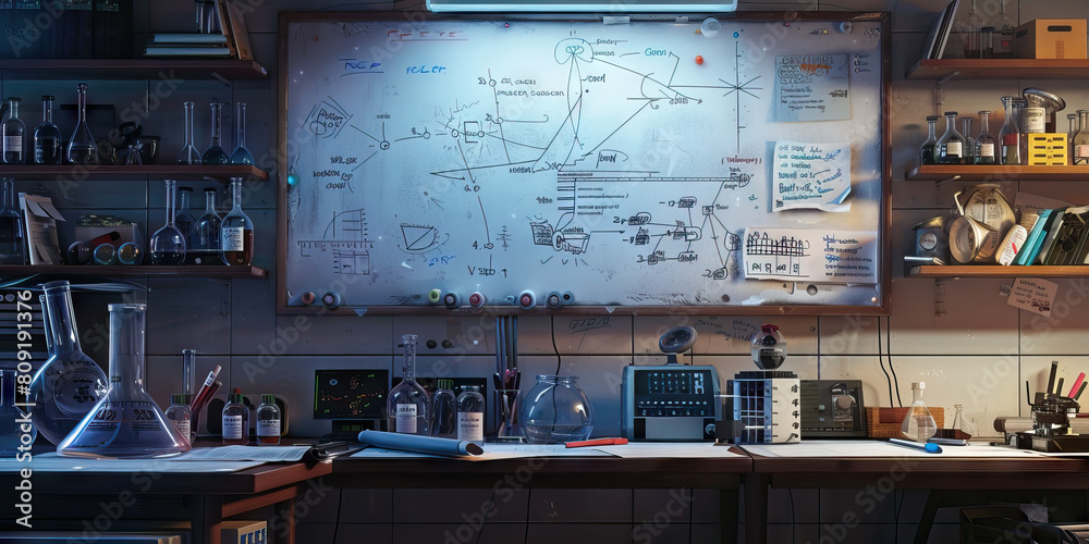 Scientist's Lab Wall: Covered in lab equipment, charts, and graphs ...