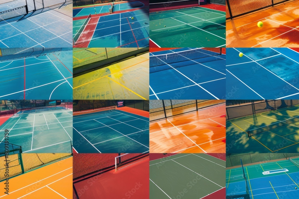 Various tennis courts creatively painted in different colors in a ...