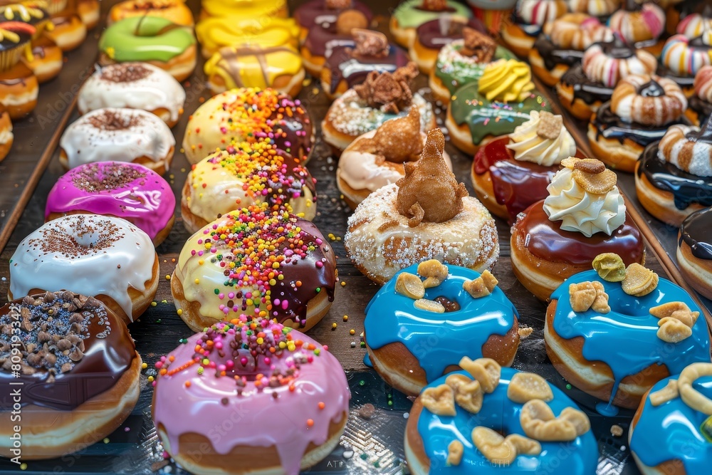A display case showcasing a variety of gourmet donuts with unique ...
