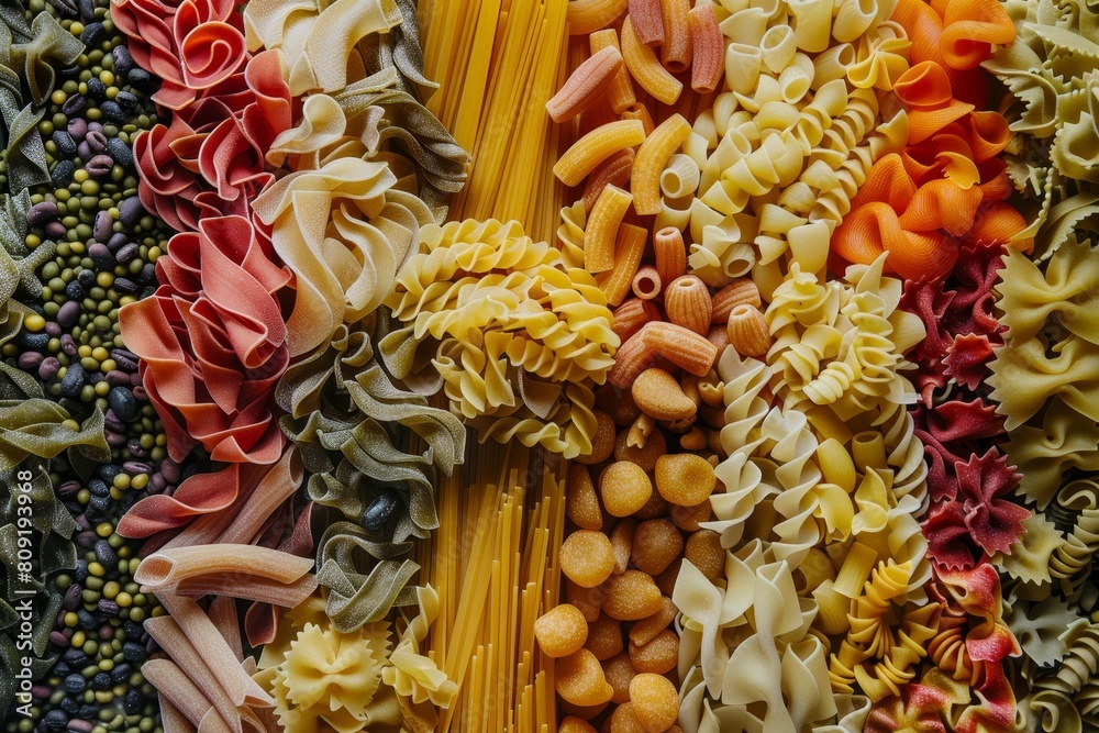 Various types of pasta displayed on a table with different shapes and ...