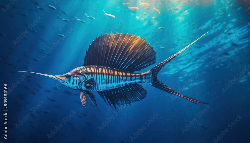 Ikan marlin besar di lautan biru, pemandangan hewan lautan yang memukau ...