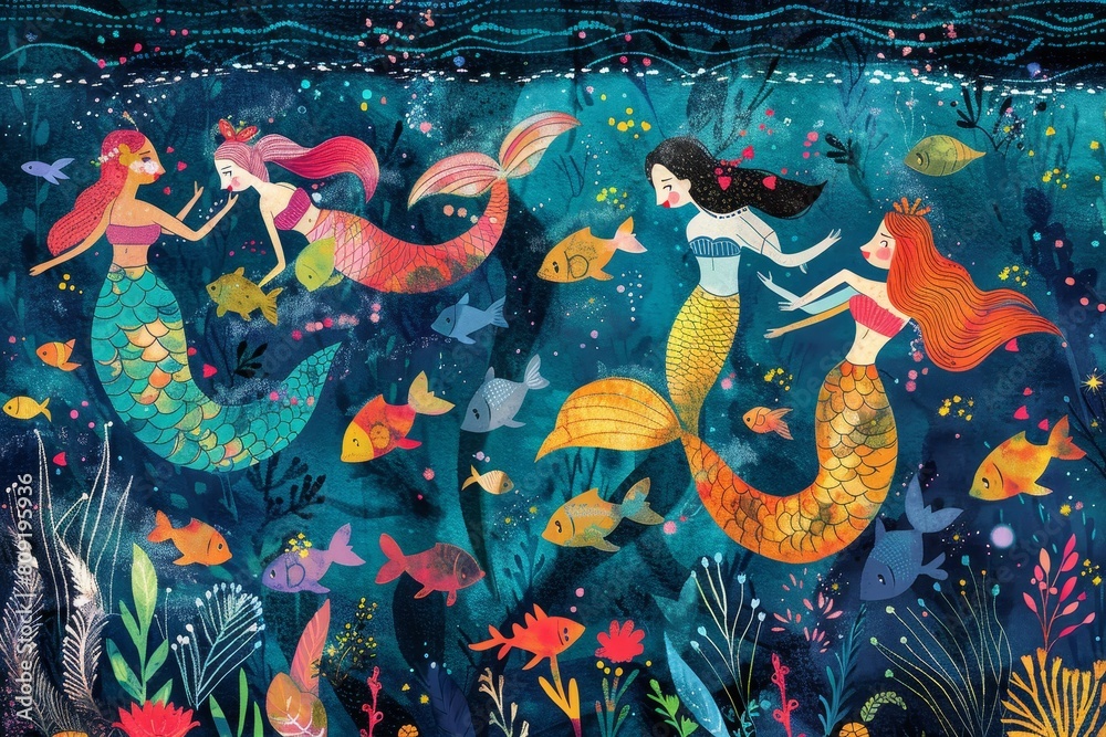 Colorful painting featuring three mermaids swimming in the ocean, A ...