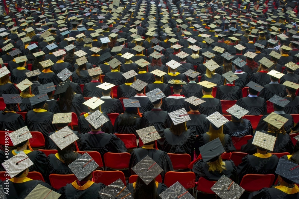 A crowd of individuals wearing graduation caps and gowns at a ...