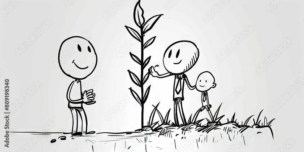 Stick figures by a growing plant sketch - A simple sketch of stick ...
