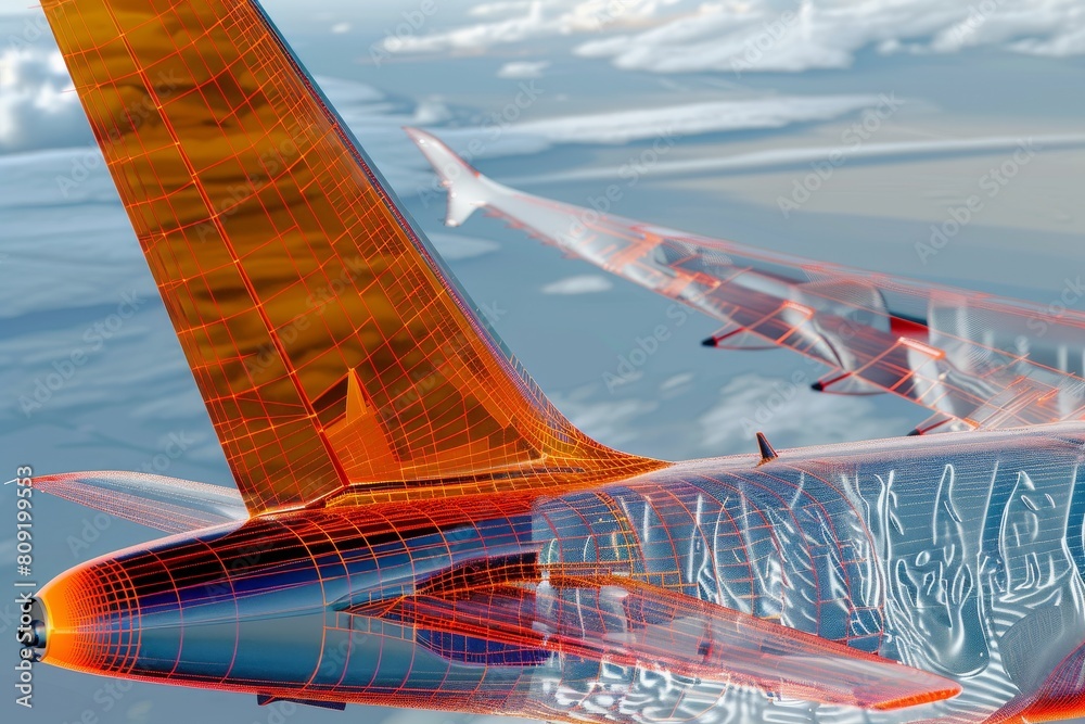 Computer generated image of an airplane soaring through the sky ...