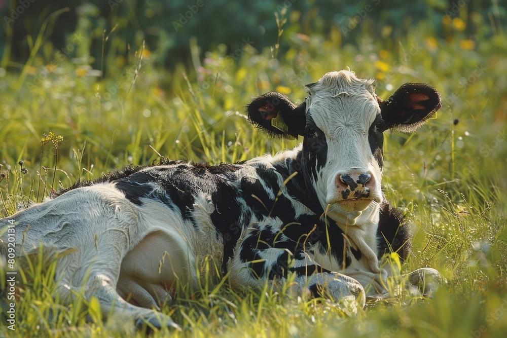 Contented black and white cow relaxing while laying down in a lush ...