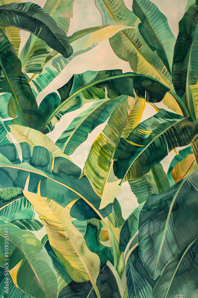 Lush green tropical banana leaf pattern - A vibrant mix of green hues ...