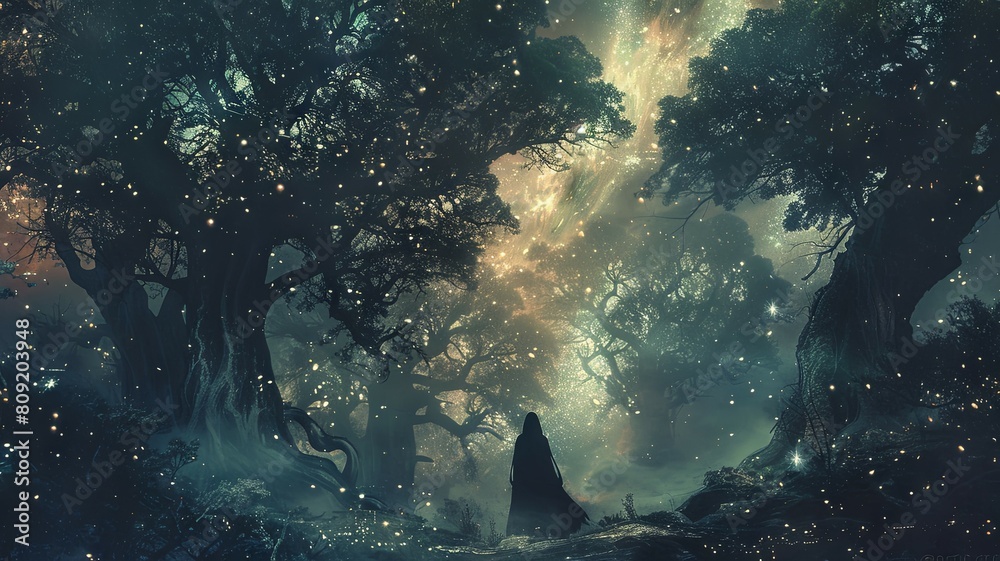 Mystical forest with a cloaked figure - Enchanting artwork of a ...