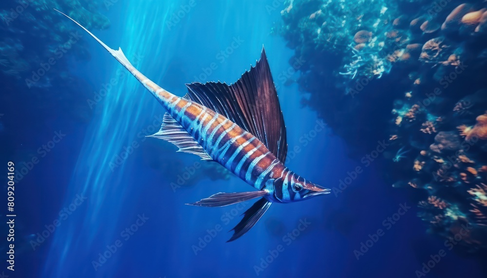 Ikan marlin besar di lautan biru, pemandangan hewan lautan yang memukau ...