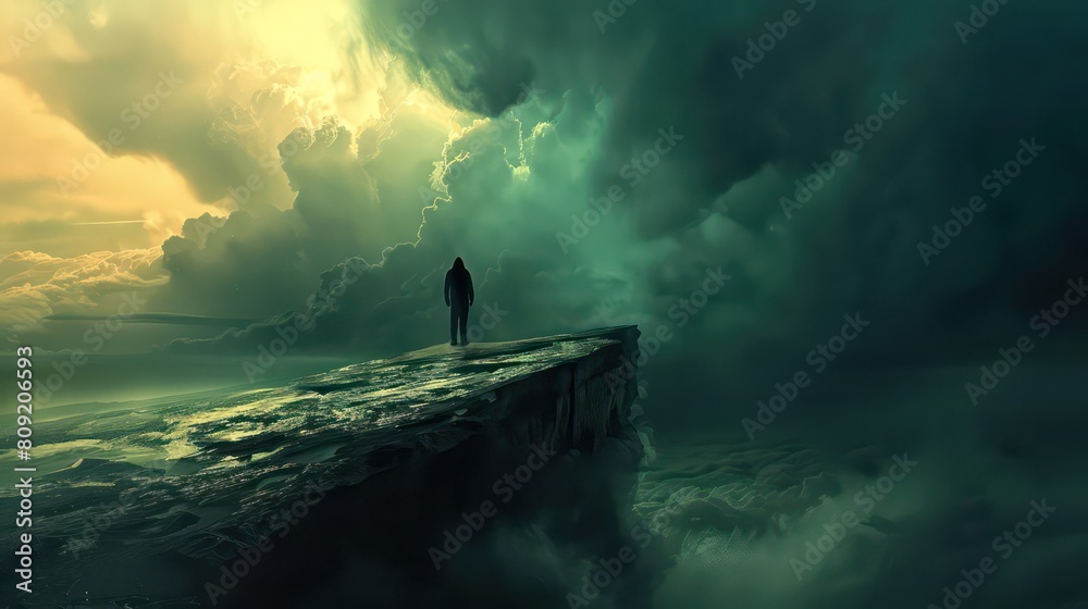 Lone figure standing on the edge of the abyss. Facing the storm head-on ...