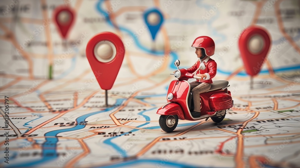 A delivery man in a red uniform driving a scooter depicted on a paper ...