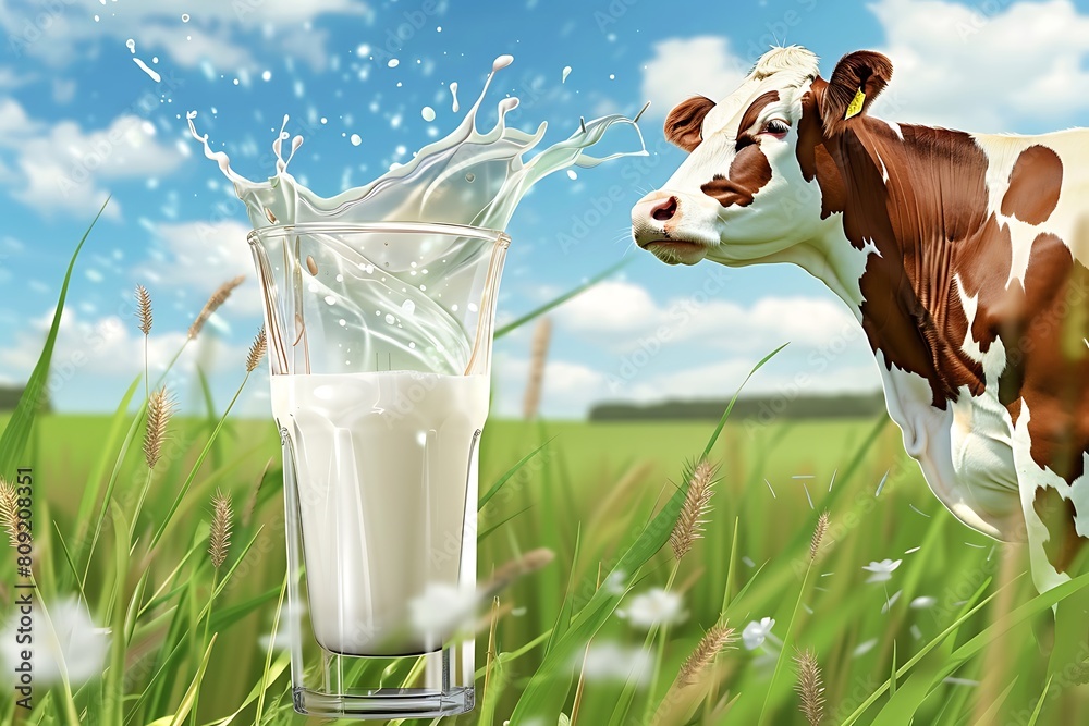 cow and glass of milk on field background, dairy farm product concept ...