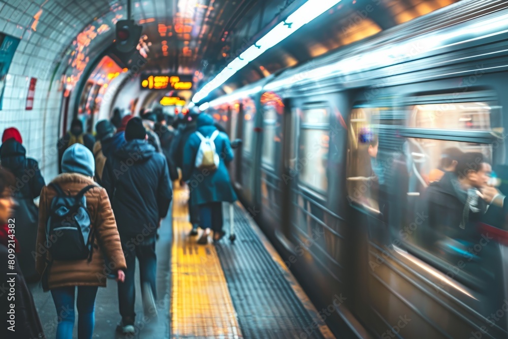 A busy subway platform with a group of commuters waiting for the train ...