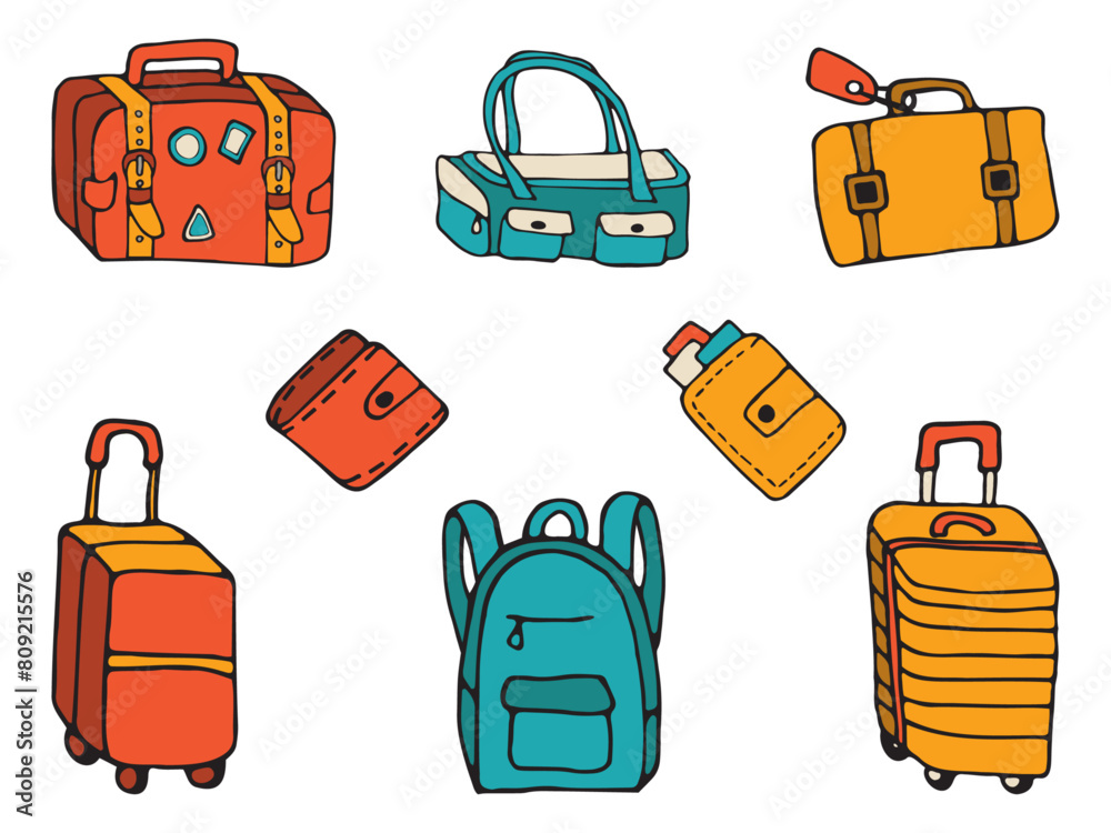 Icon set of traveling luggage hand drawn vector doodles in flat style ...