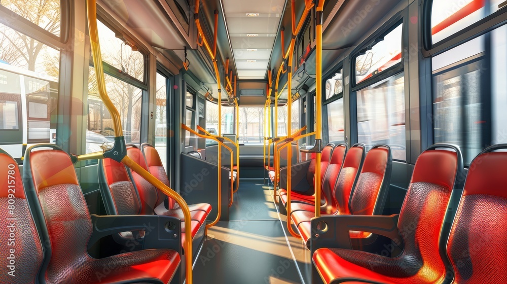 Inside a modern city bus showcasing a clean and spacious interior with ...