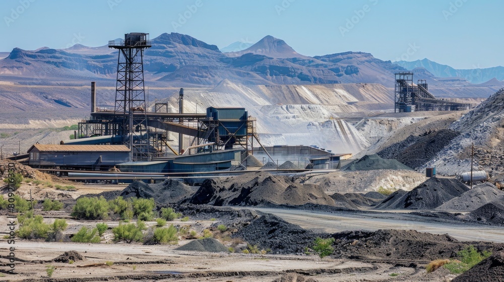 An industrial scene depicting the operational facilities at a phosphate ...