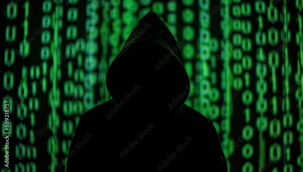 Silhouette of hacker in a hood against a binary code background ...
