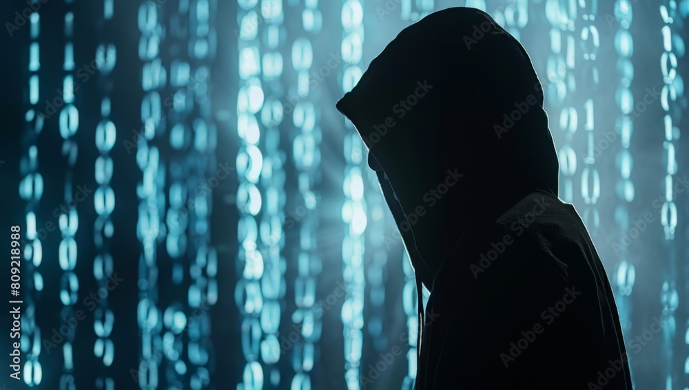 Silhouette of hacker in hood against binary code background, silhouette, computer crime concept ...