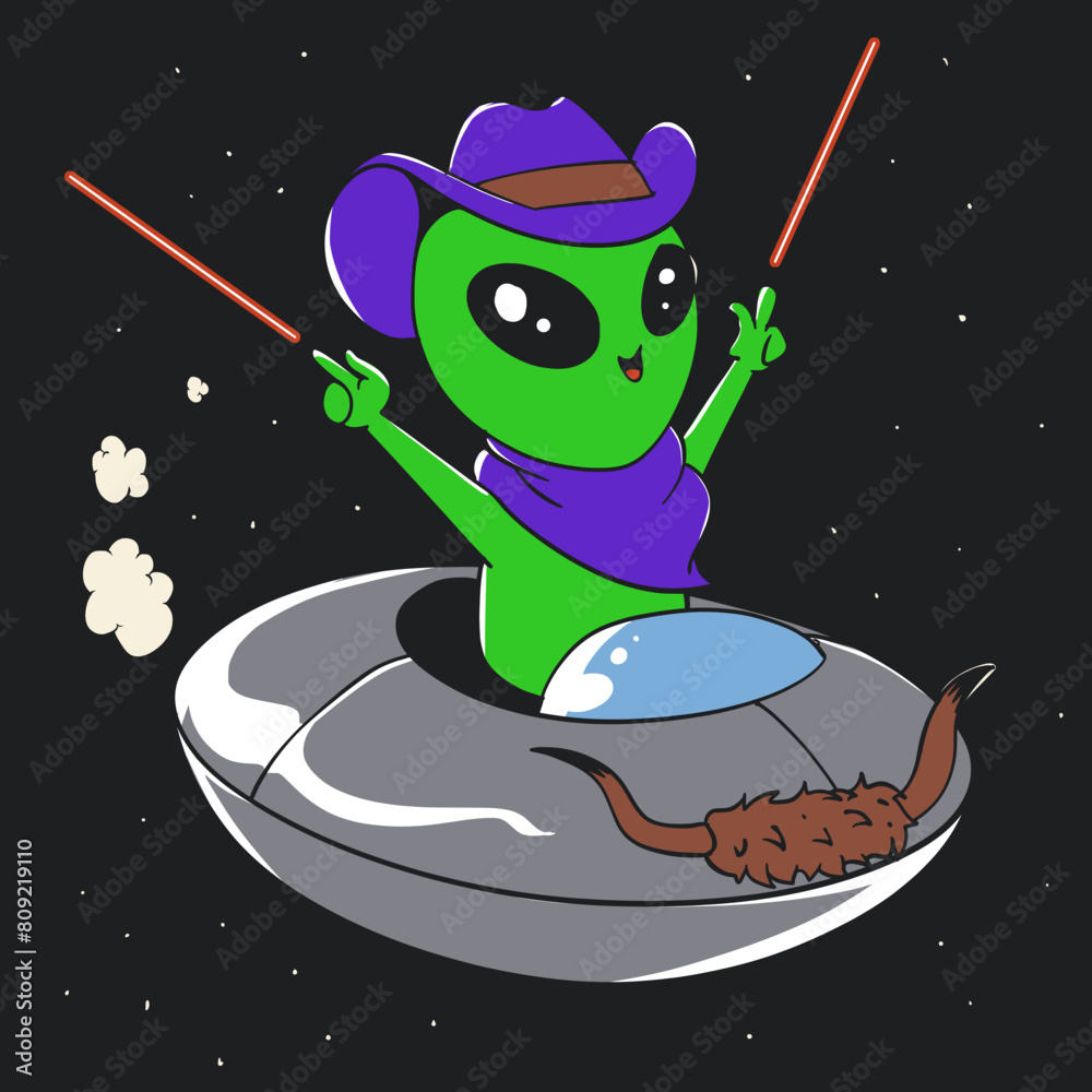 Cute Alien Cowboy in Flying Saucer Cartoon Vector Illustration Stock ...