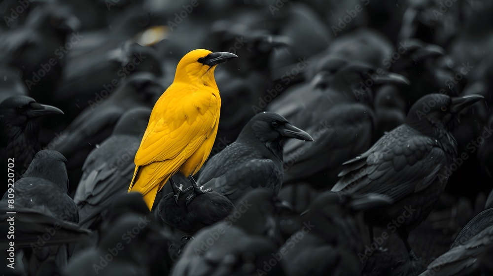 A yellow crow alone among a crowd of black crows, concept of standing ...