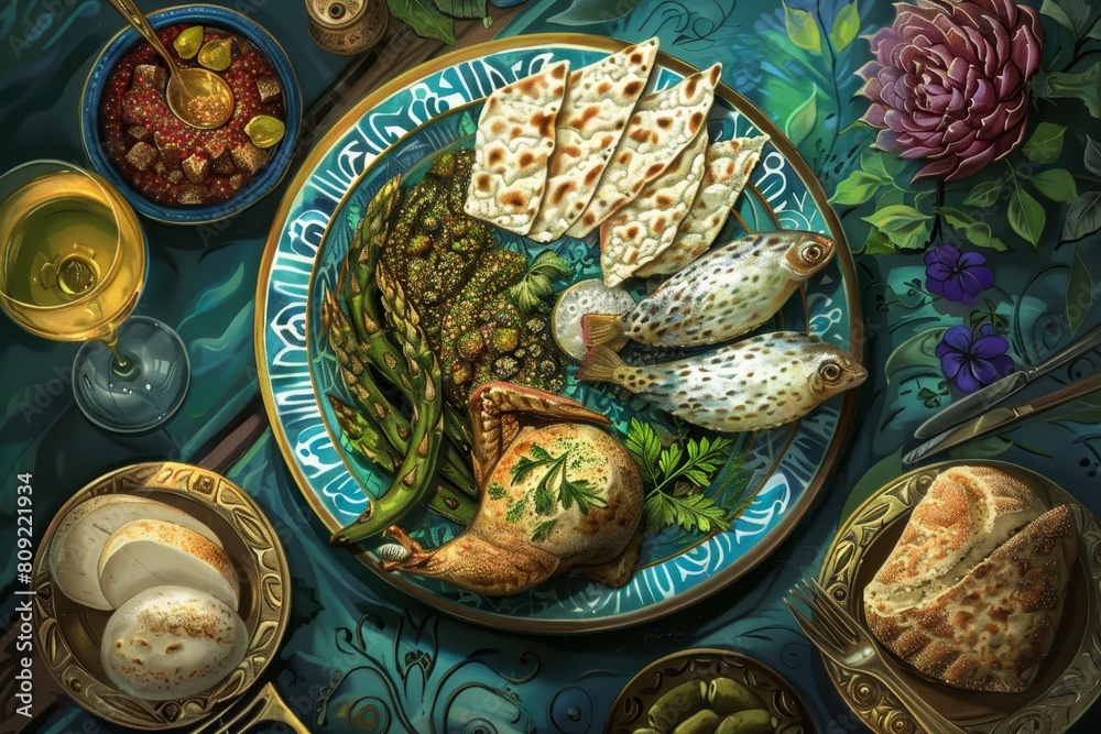 Painting of a typical Seder plate with symbolic foods on a wooden table ...