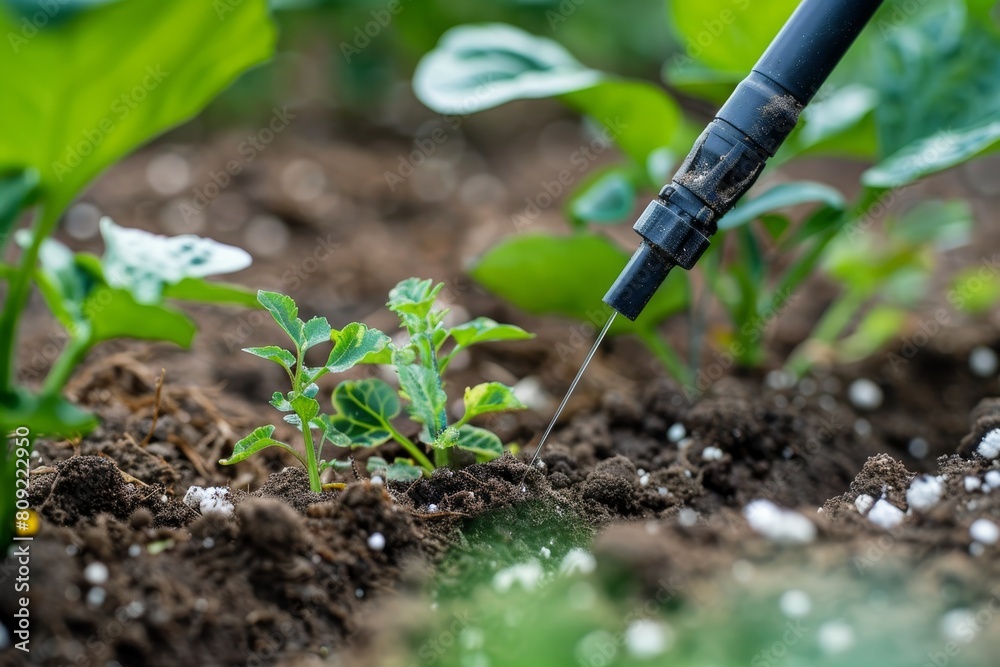 Detailed closeup showing a garden hose attached to a plant to monitor ...
