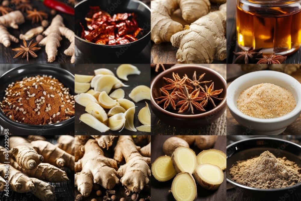 Collage featuring various types of spices commonly used in Chinese ...