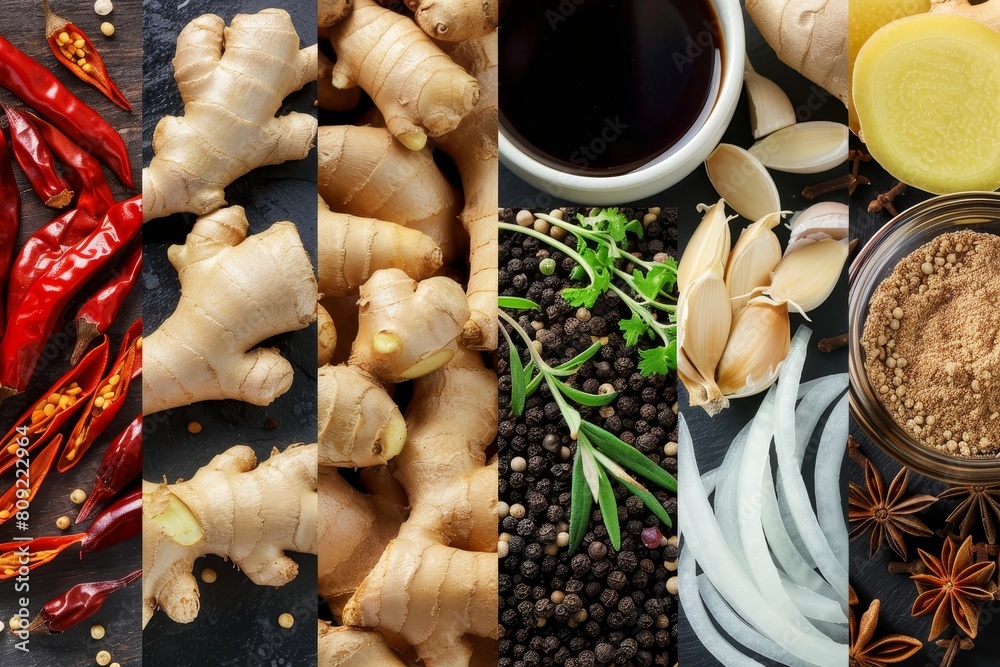 Collage featuring a variety of Chinese food ingredients and spices, A ...