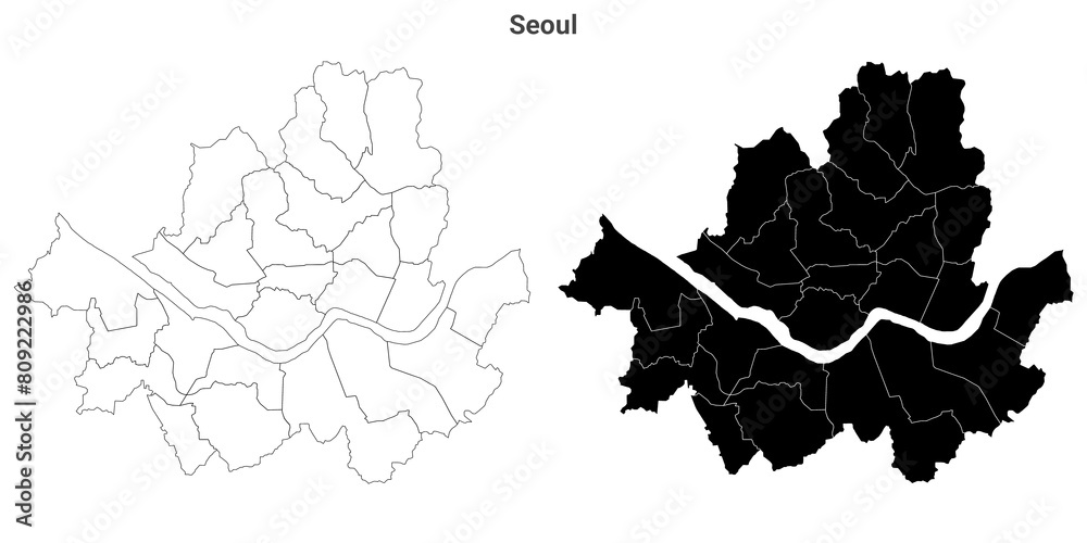 set of 2 political maps of Seoul City, South Korea with regions ...