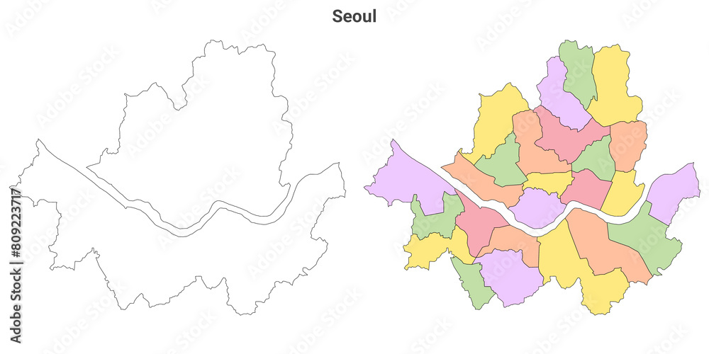 set of 2 political maps of Seoul City, South Korea with regions ...