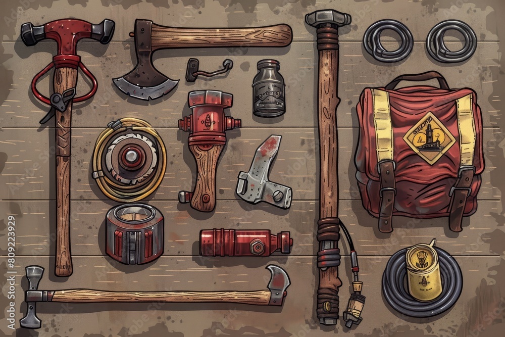 Various firefighting tools neatly arranged on a table, A detailed ...