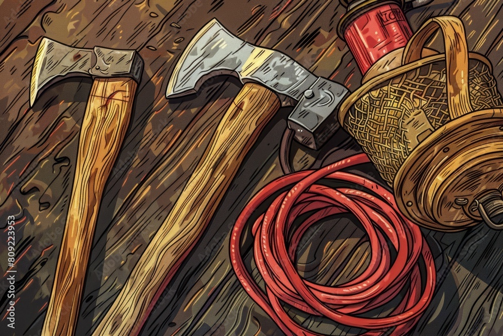 Detailed drawing of a hammer, rope, and various firefighting tools, A ...